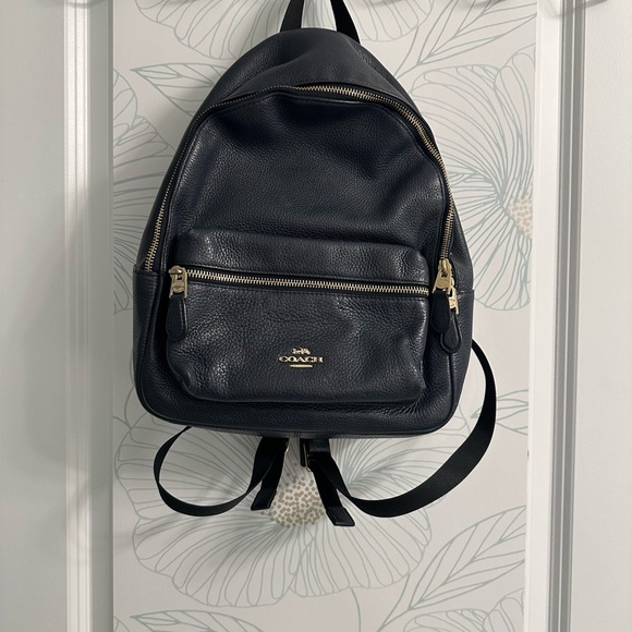 Coach | Bags | Coach Navy Blue Leather Backpack With Gold Accents ...